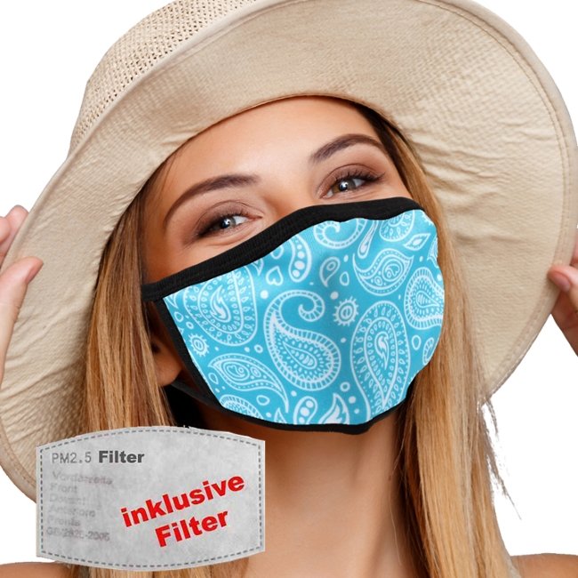 Vaskbart mundbind m. filter,, m. blåt paisley motiv | Plejeshoppen